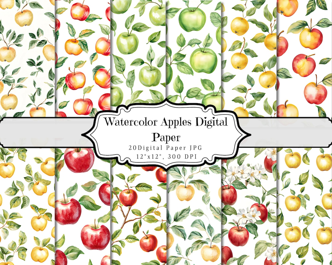 Watercolor Apples Digital Paper, Apple Printable Ephemera Seamless ...