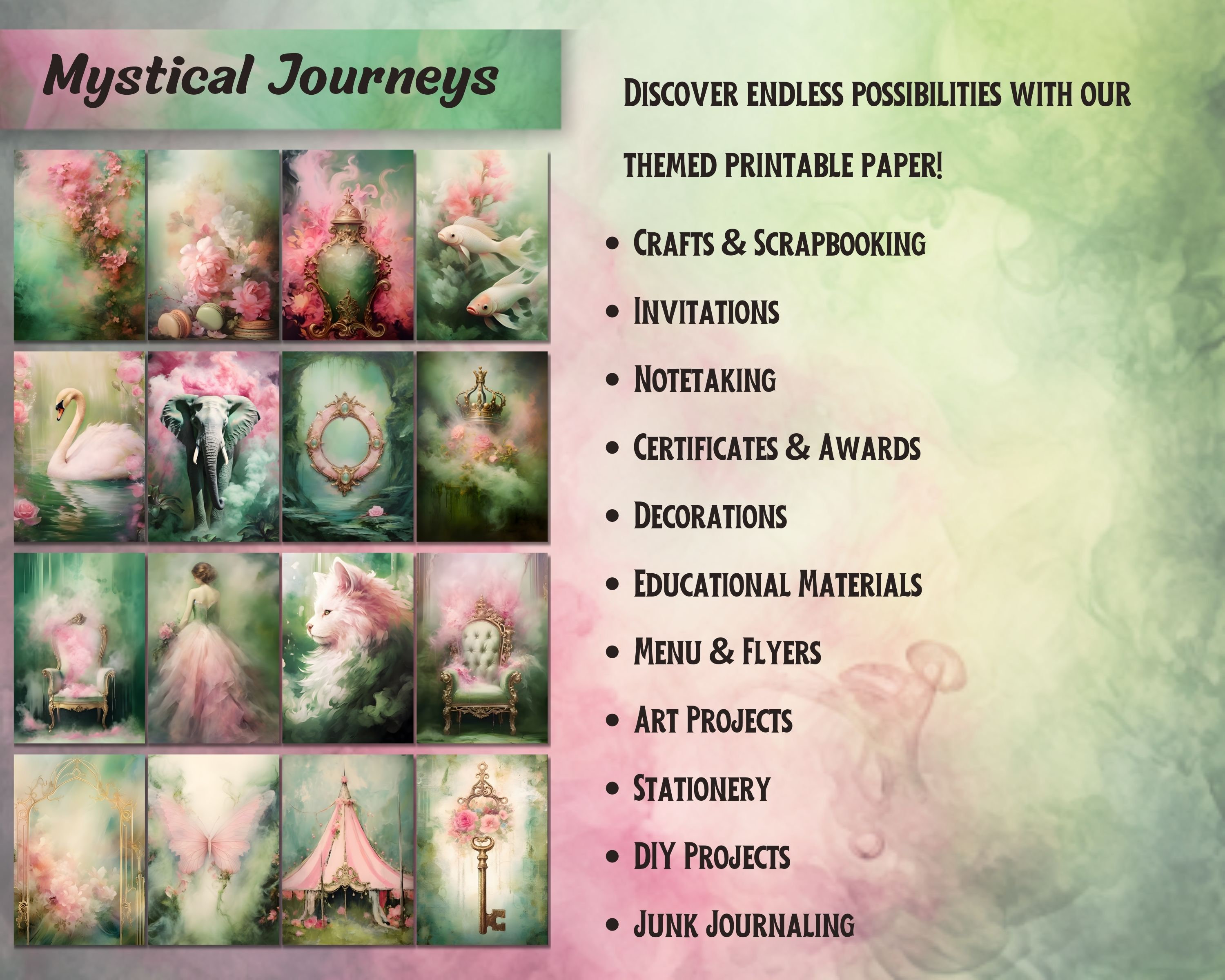 Junk Journal Printable Paper, Green Pink Theme, Big Bundle, Digital ...