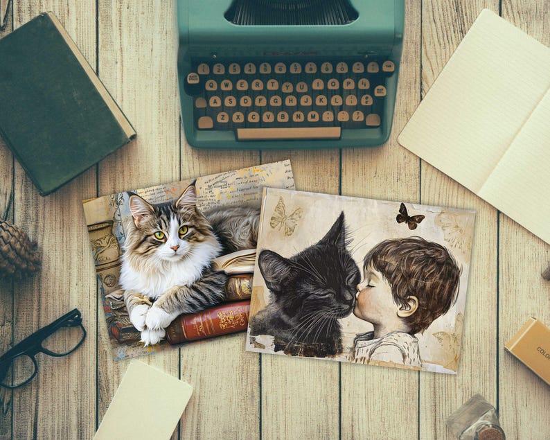 Vintage Cat Junk Journal Kit, Whimsical Kitten Ephemera Pages ...