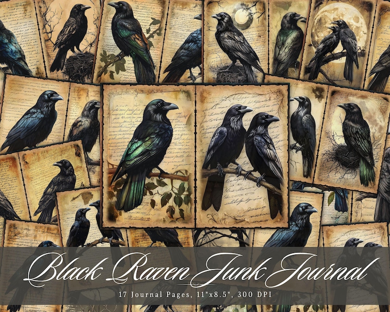 Black Raven Junk Journal Pages, Birds Printable Ephemera, Vintage Bird ...