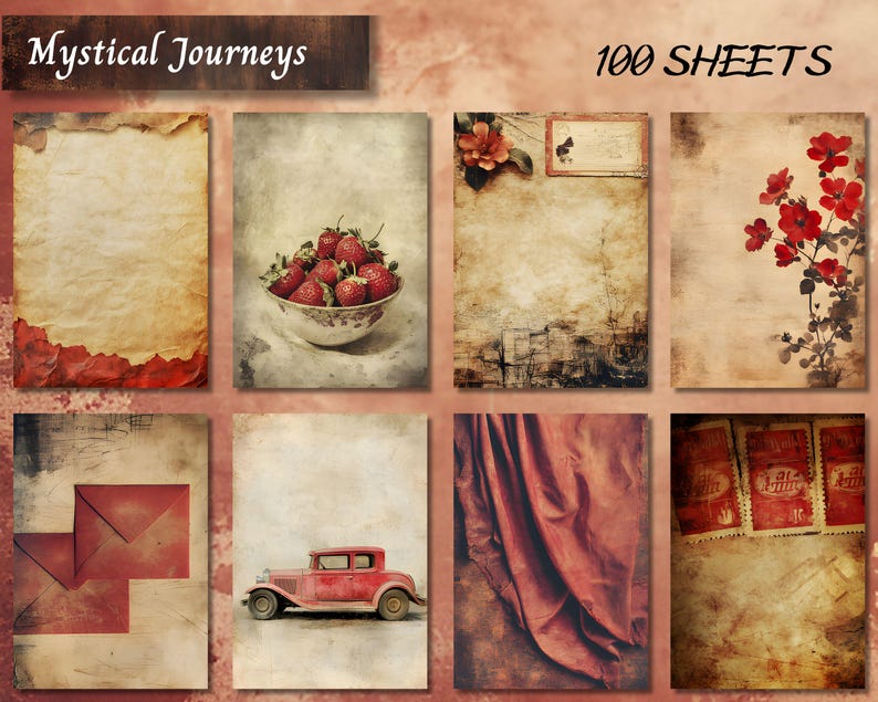 Red Vintage Junk Journal Paper, Old Aged Watercolor Printable Ephemera ...