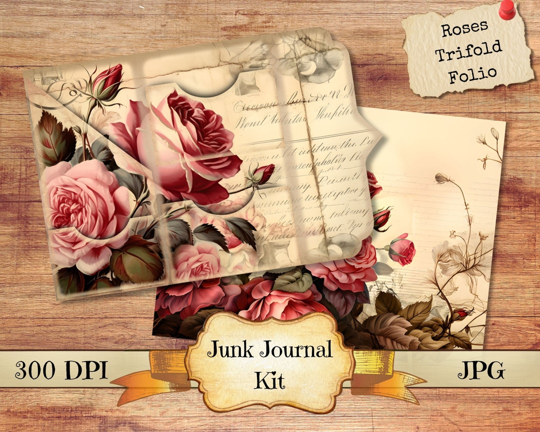 Roses Trifold Folio Junk Journal Kit, Floral Mixed Media, Printable Ephemera Journaling Collage ...