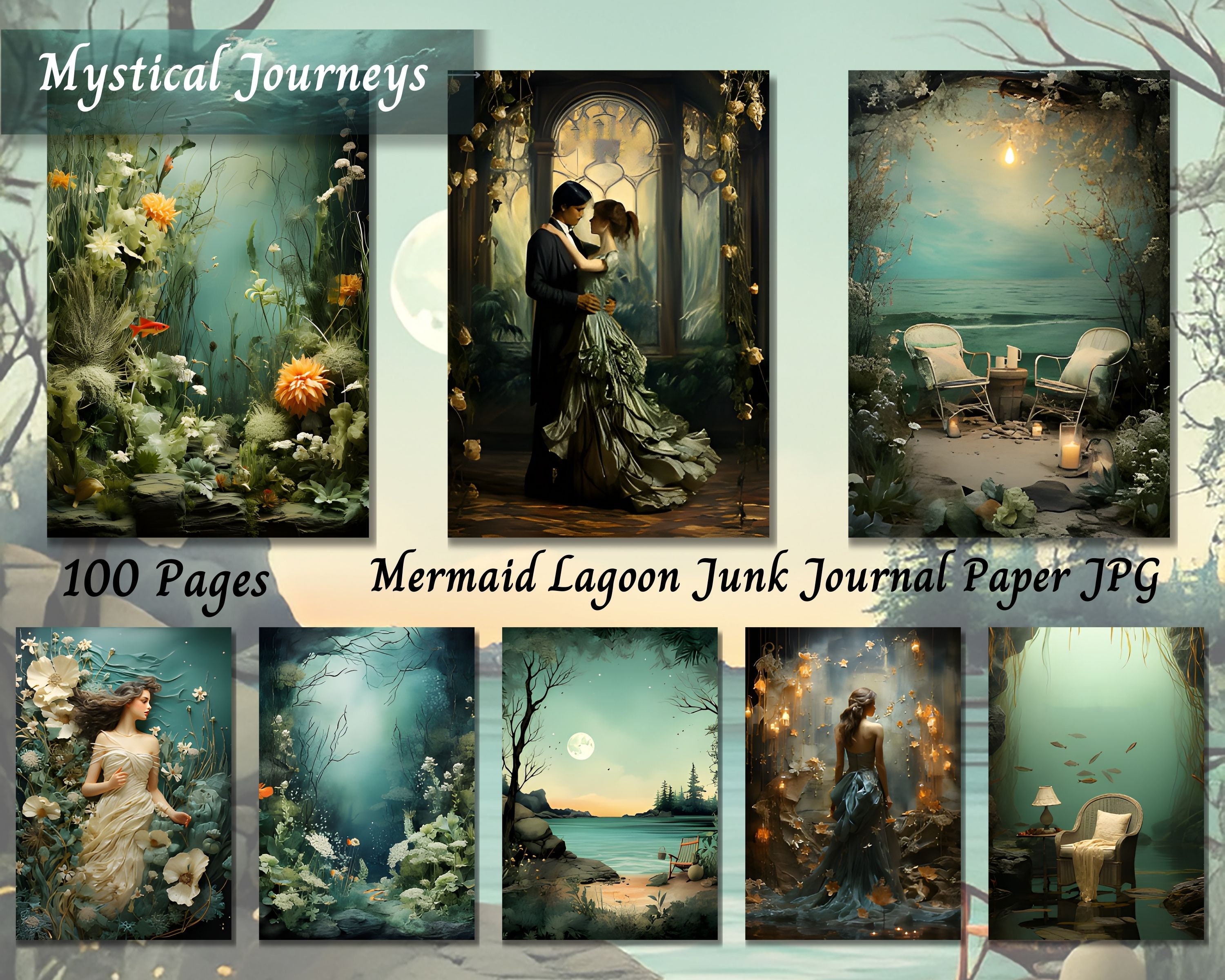 Mermaid Lagoon Junk Journal Paper JPG, Mixed Media, Water Printable ...