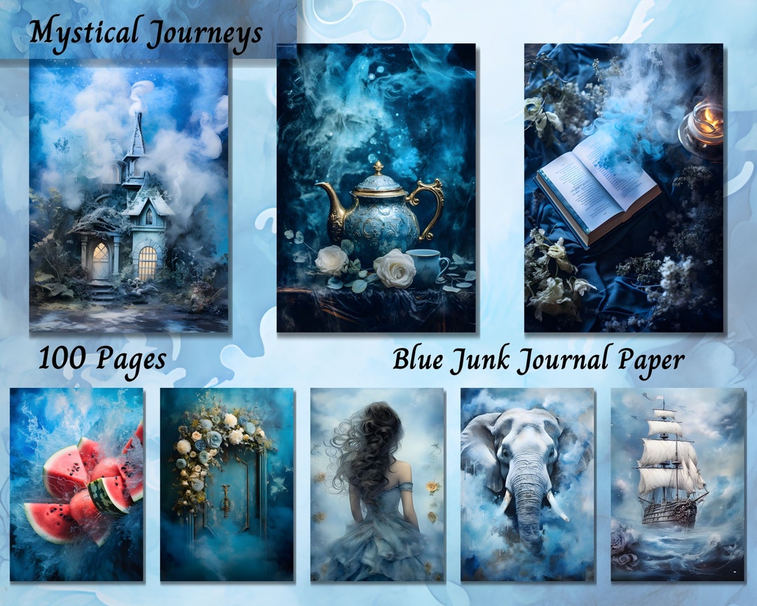 Blue Junk Journal Paper, Shabby Chic Printable Watercolor Journaling ...