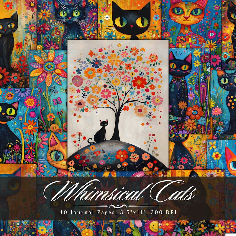 Whimsical Boho Cat Art - Etsy