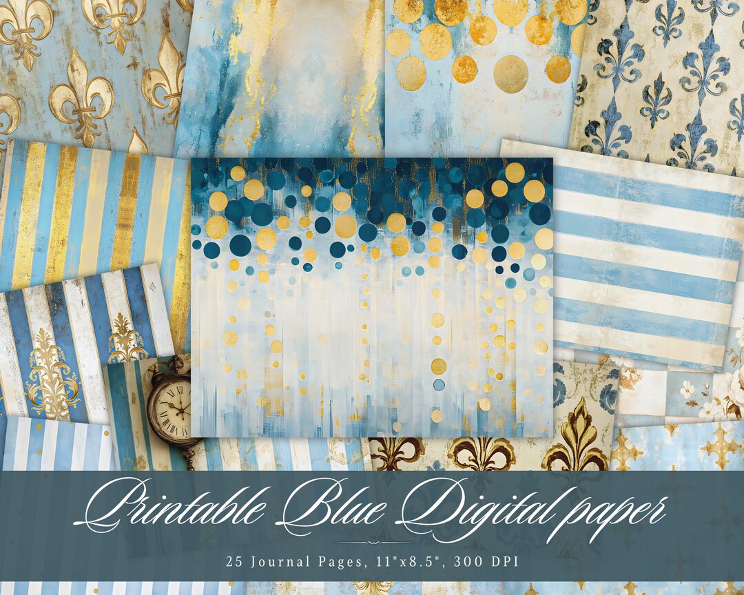 Blue Pattern Digital Paper, Stripped Page Printable Ephemera, Vintage ...