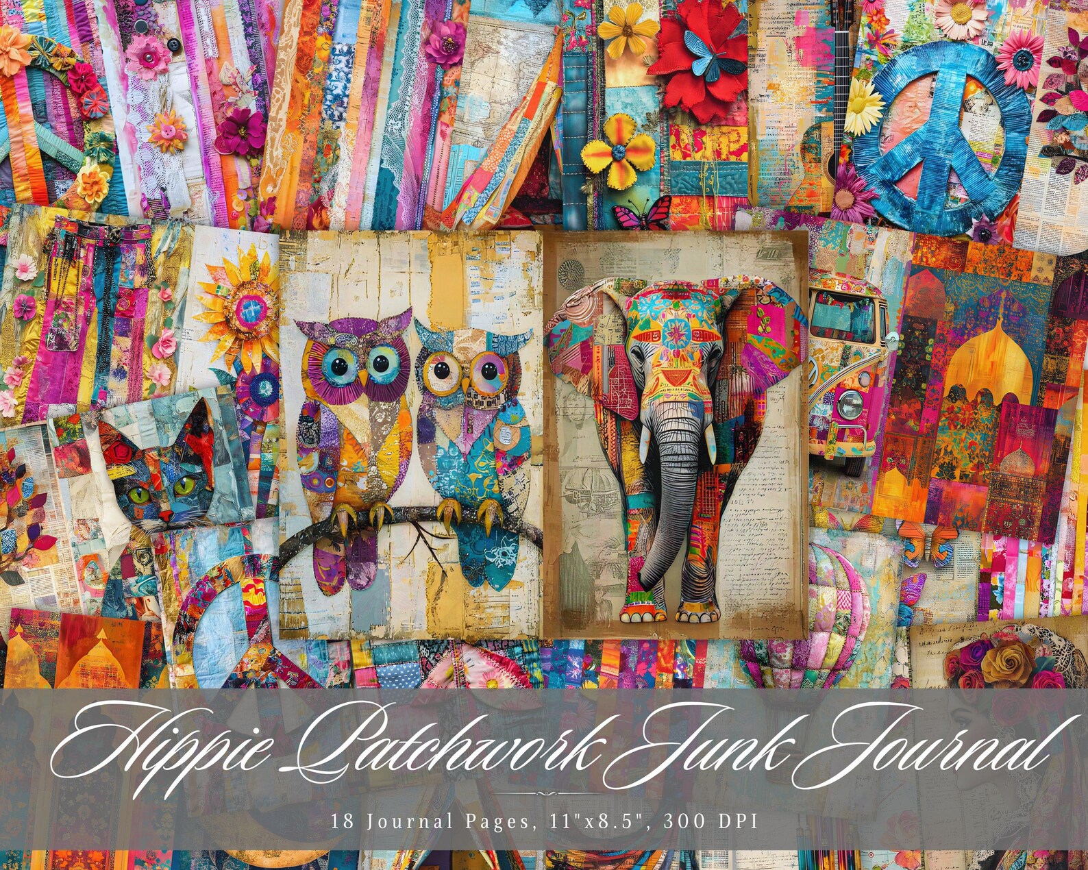 Hippie Patchwork Junk Journal Paper, Boho Retro Printable Ephemera ...