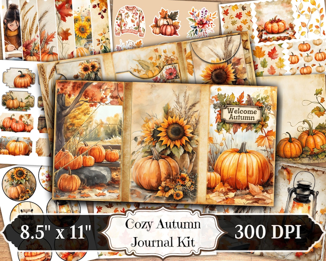 Cozy Autumn Junk Journal Kit, Halloween Fall Leaves Printable Ephemera ...