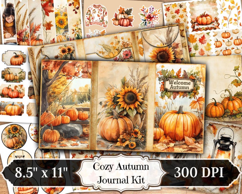 Cozy Autumn Junk Journal Kit, Halloween Fall Leaves Printable Ephemera ...