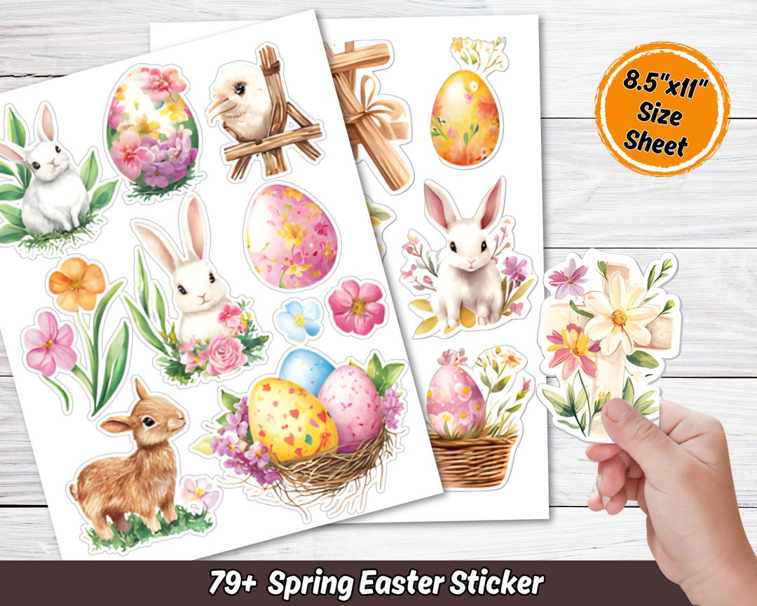Spring Easter Sticker, Floral Easter Egg Stickers Set, Pastel Printable Digital Animal Bunny ...