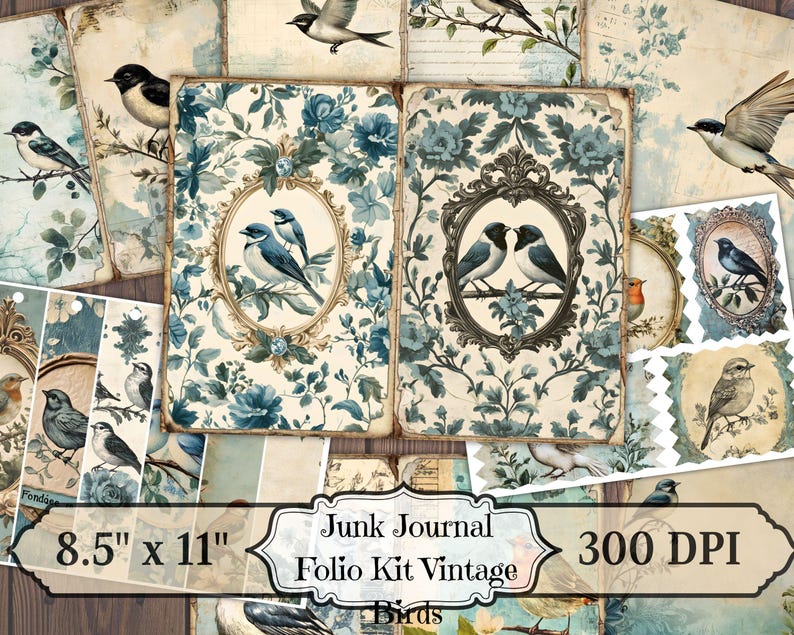 Junk Journal Folio Kit Vintage Birds, Bird Aged Printable Ephemera, Old ...