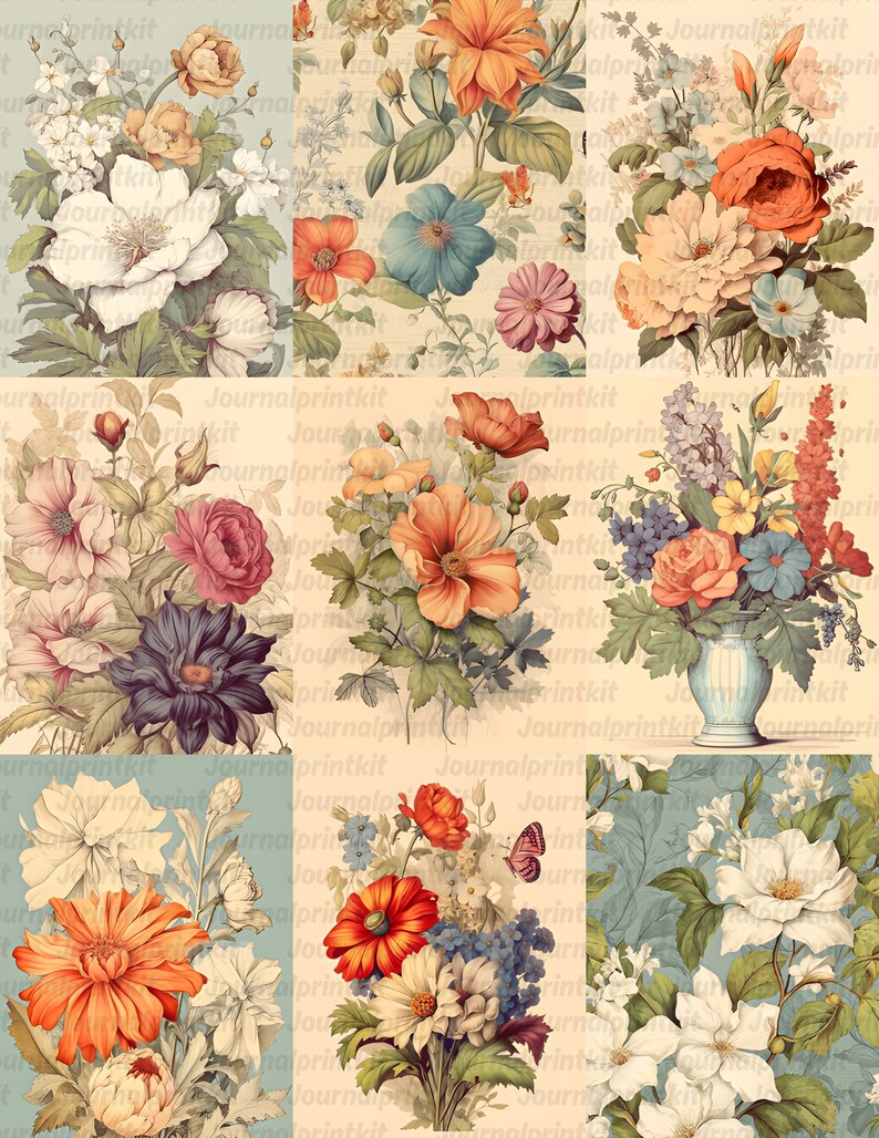 Vintage Flowers Digital Junk Journal Kit, Shabby Chic, Digital Mixed ...