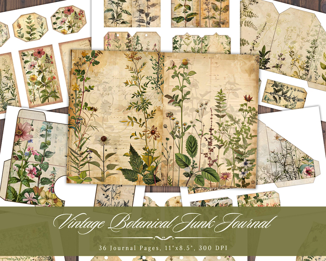 Vintage Botanical Junk Journal Kit, Aged Nature Plant Printable ...
