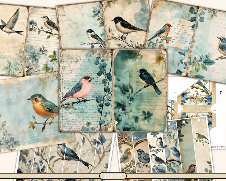 Junk Journal Folio Kit Vintage Birds, Bird Aged Printable Ephemera, Old ...