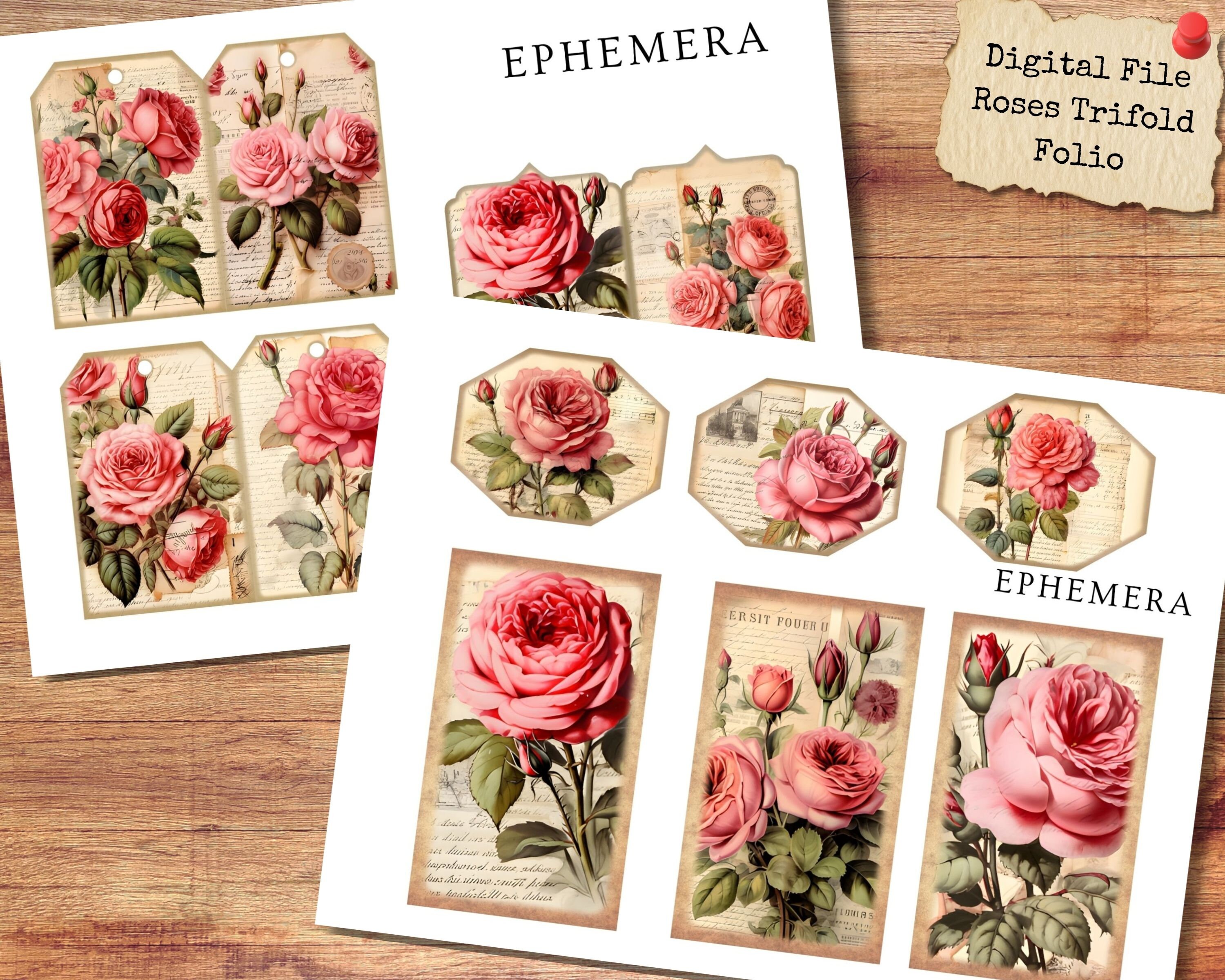 Roses Trifold Folio Junk Journal Kit, Floral Mixed Media, Printable
