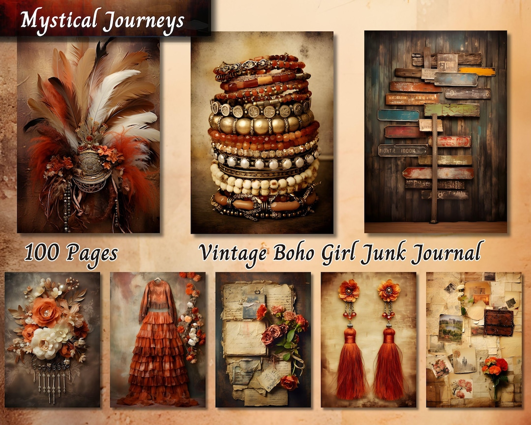 Vintage Boho Girl Junk Journal, Aged Printable Ephemera Pages, Retro ...