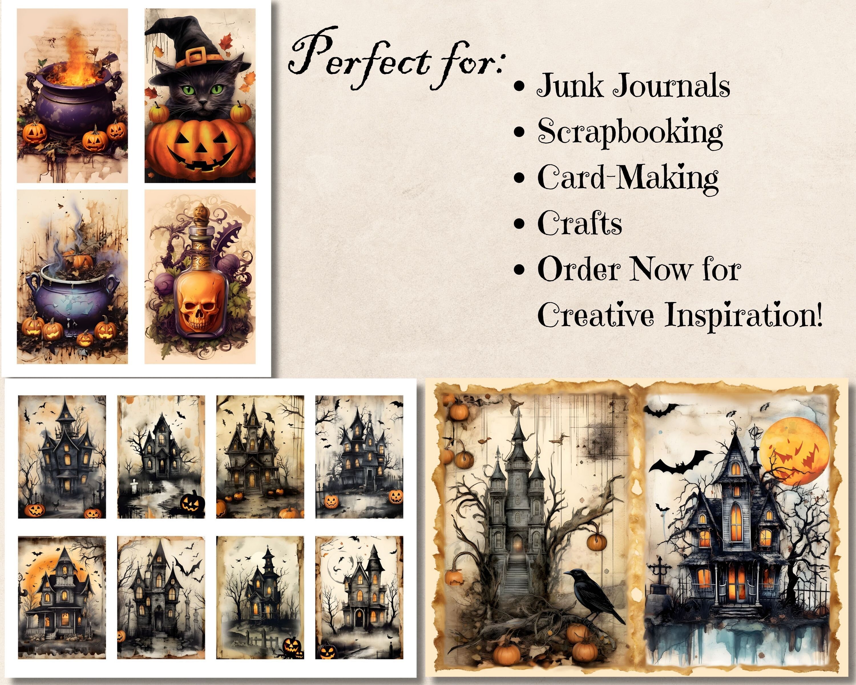 Spooky Halloween Junk Journal Pages - Halloween Scene, Mixed Media ...