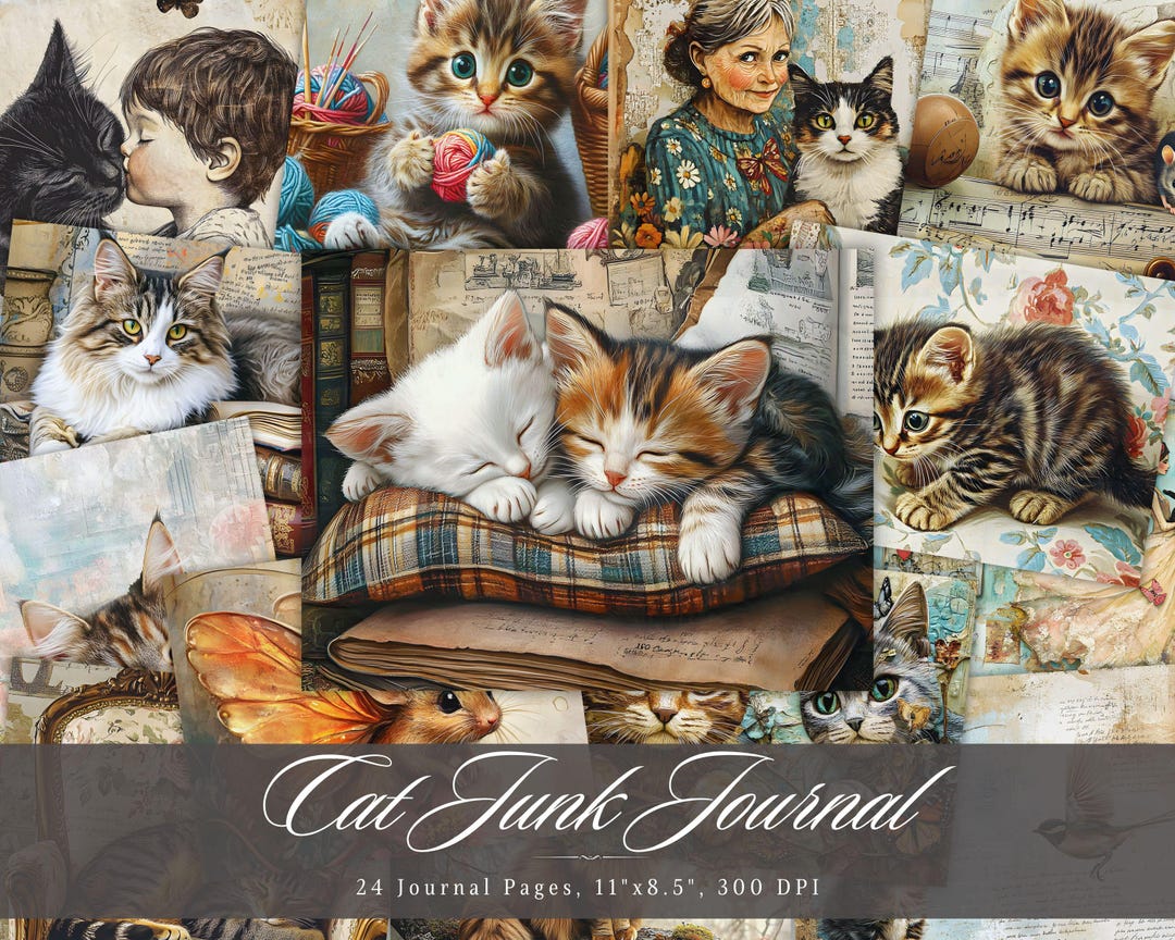 Cat Junk Journal Page, Vintage Pet Kitten Printable Ephemera, Cats ...