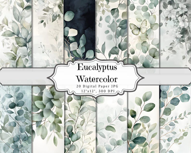 Eucalyptus Watercolor Digital Paper, Vintage Greenery Leaf Ephemera ...