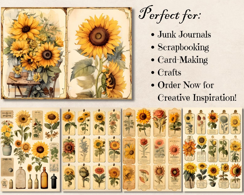 Sunflowers Watercolor Junk Journal, Floral Printable Ephemera Page ...