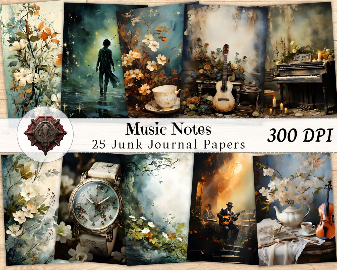 Watercolor Music Notes Junk Journal Kit, Shabby Chic Printable Ephemera ...