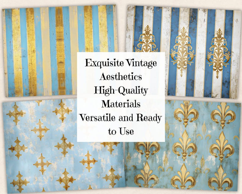 Blue Pattern Digital Paper, Stripped Page Printable Ephemera, Vintage ...