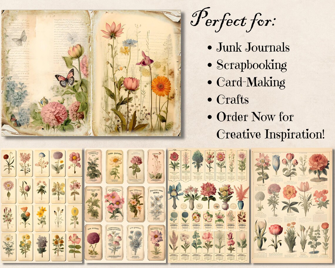 Meadow Garden Junk Journal Kit, Floral Shabby Chic Printable Ephemera ...