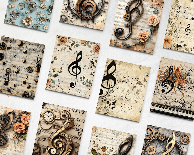 Vintage Clock Scrapbook Paper, Aged Time Printable Ephemera, Old Music ...