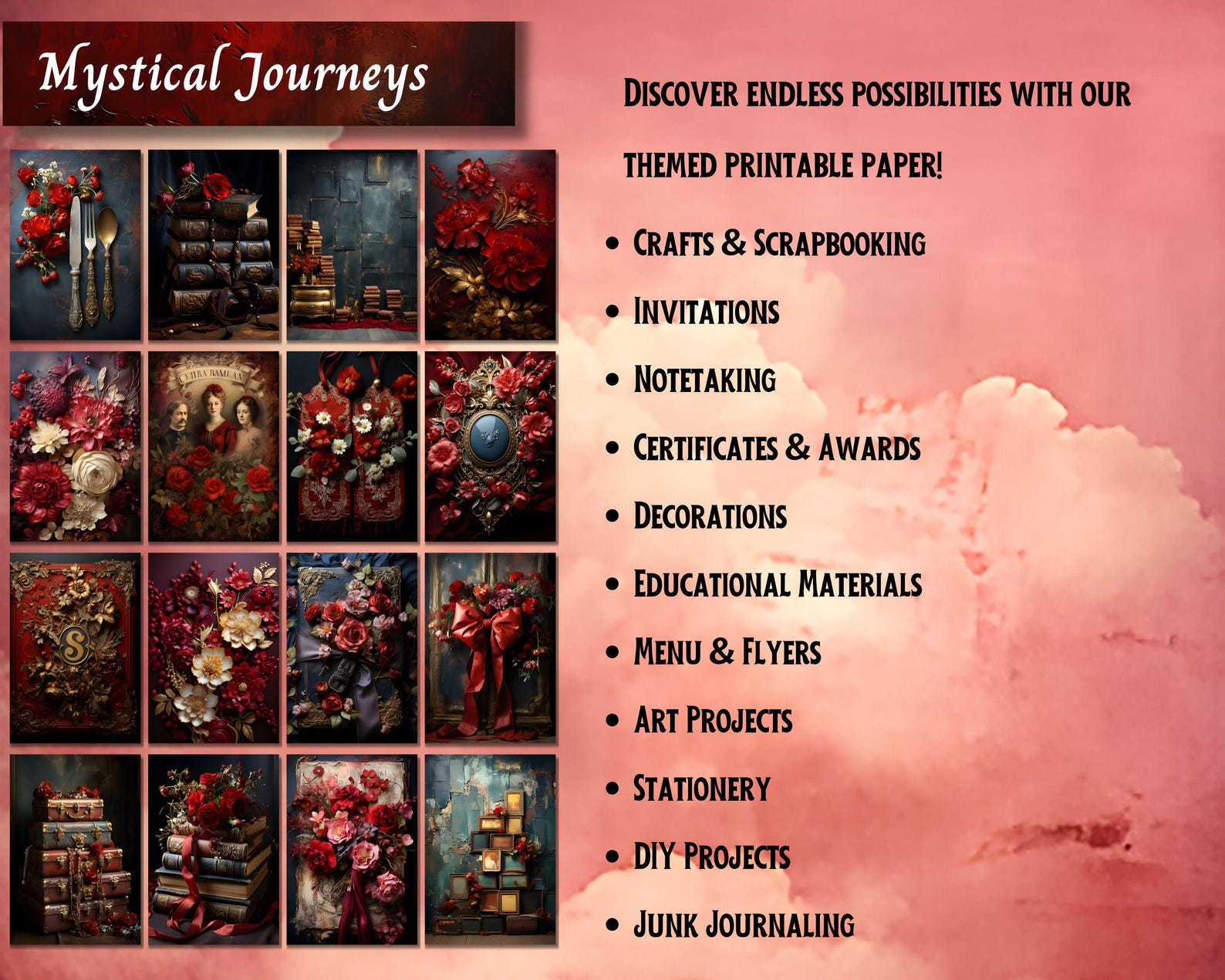 Red Velvet Junk Journal Paper, Watercolor Floral Printable Ephemera ...