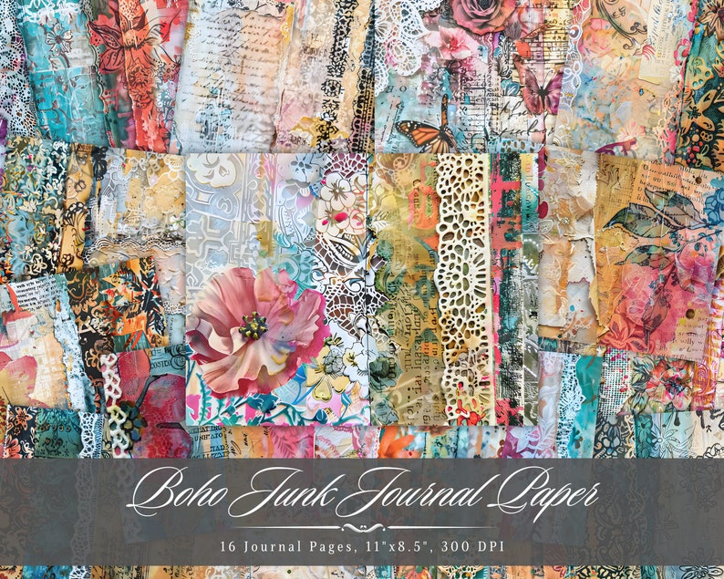 Boho Junk Journal Kit Paper, Distressed Abstract Bohemian Printable ...