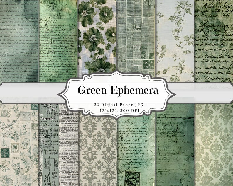 Green Ephemera Digital Paper, Aged Botanical Shabby Chic Page, Vintage ...