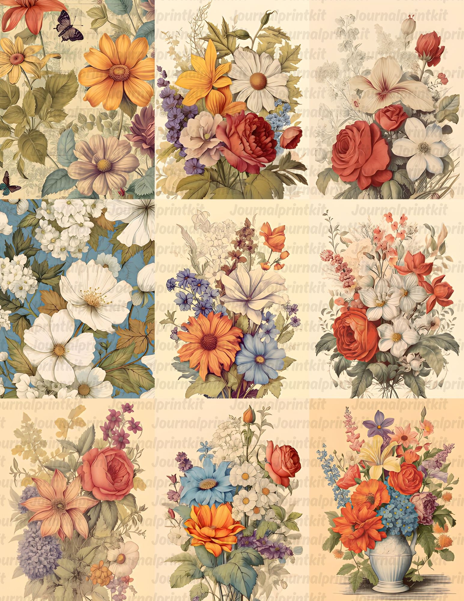 Vintage Flowers Digital Junk Journal Kit, Shabby Chic, Digital Mixed ...