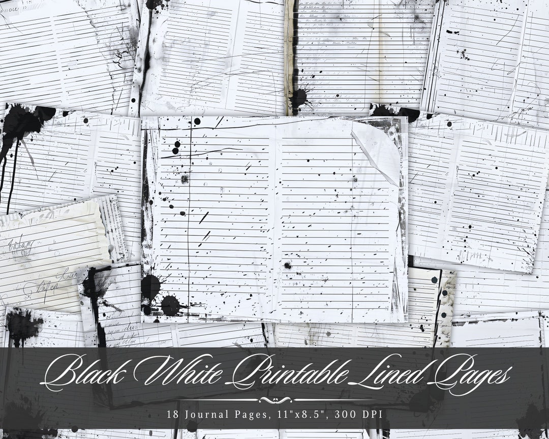 Black White Printable Lined Pages, Ink Writing Page Printable Ephemera ...