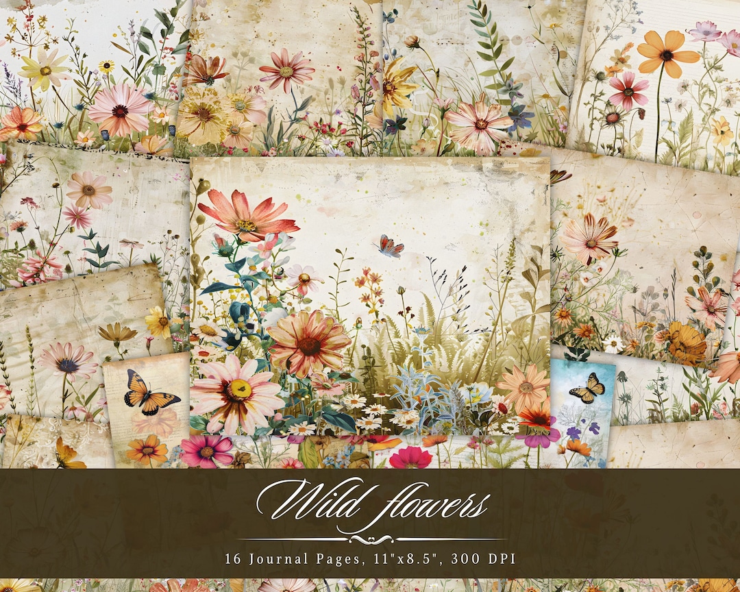 Wildflower Junk Journal Paper, Digital Flowers Page, Spring Digital ...