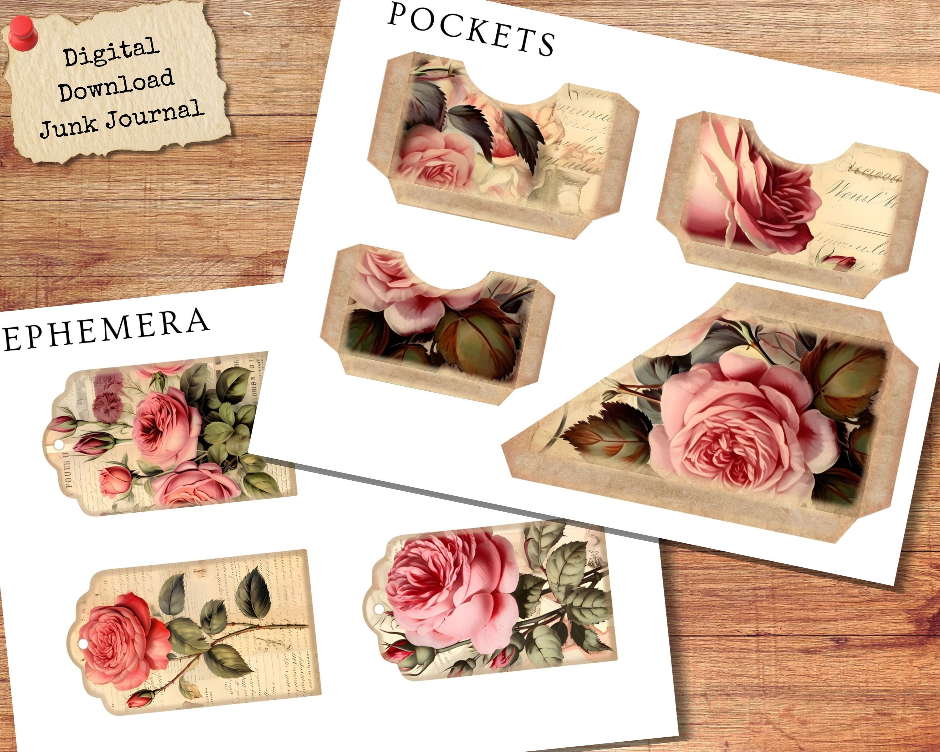 Roses Trifold Folio Junk Journal Kit, Floral Mixed Media, Printable ...