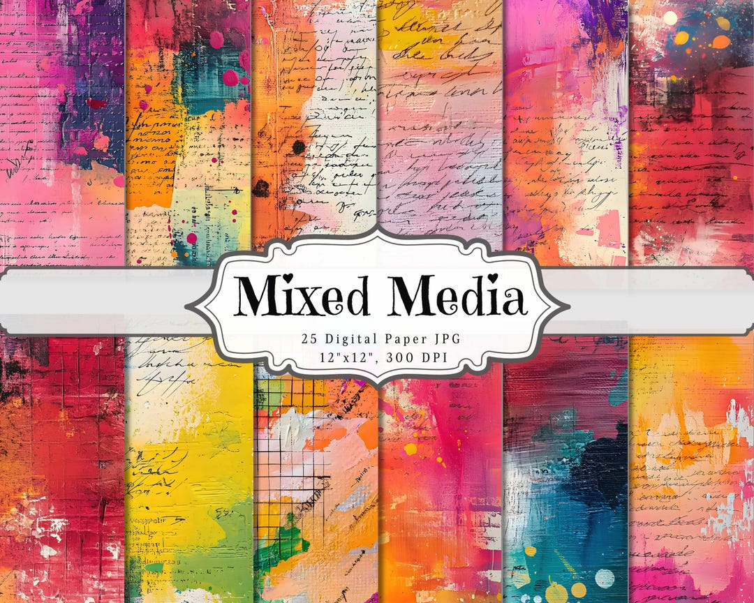 Mixed Media Digital Paper, Colorful Printable Ephemera, Bright Vibrant ...