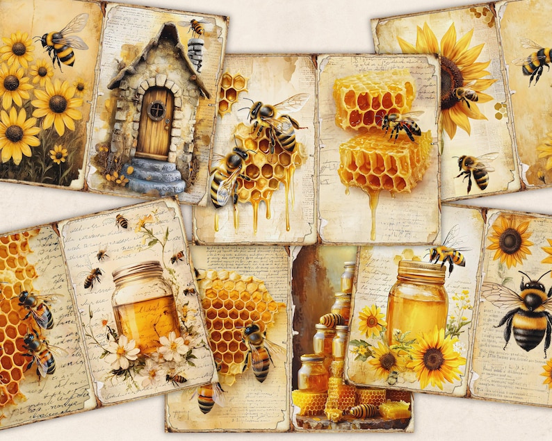 Honey Bees Junk Journal, Sunflower Printable Ephemera Pages, Bee Pollen ...