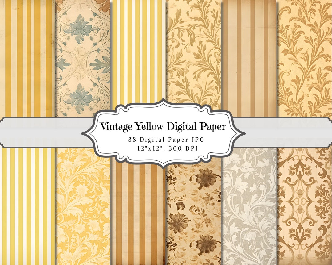 Vintage Yellow Digital Paper, Yellow Pattern Page, Printable Ephemera ...