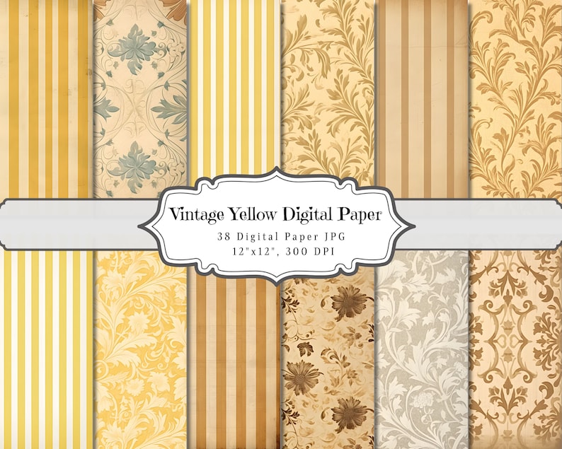Vintage Yellow Digital Paper, Yellow Pattern Page, Printable Ephemera ...