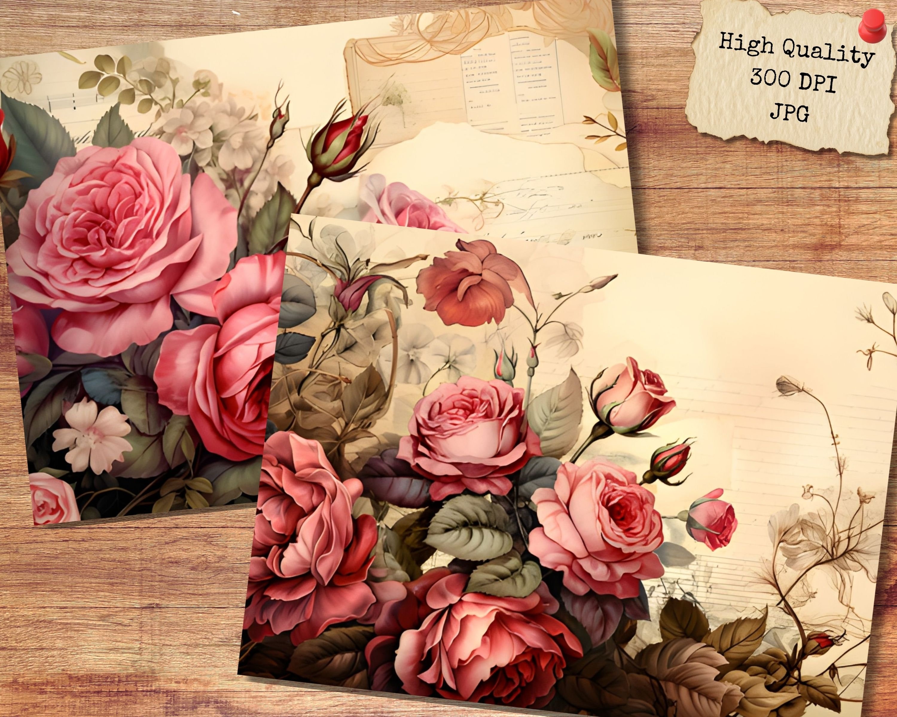 Roses Trifold Folio Junk Journal Kit, Floral Mixed Media, Printable