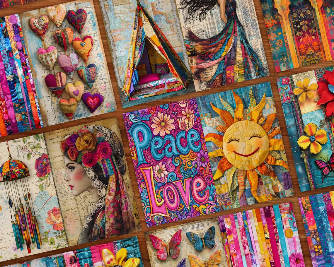 Hippie Patchwork Junk Journal Paper, Boho Retro Printable Ephemera ...