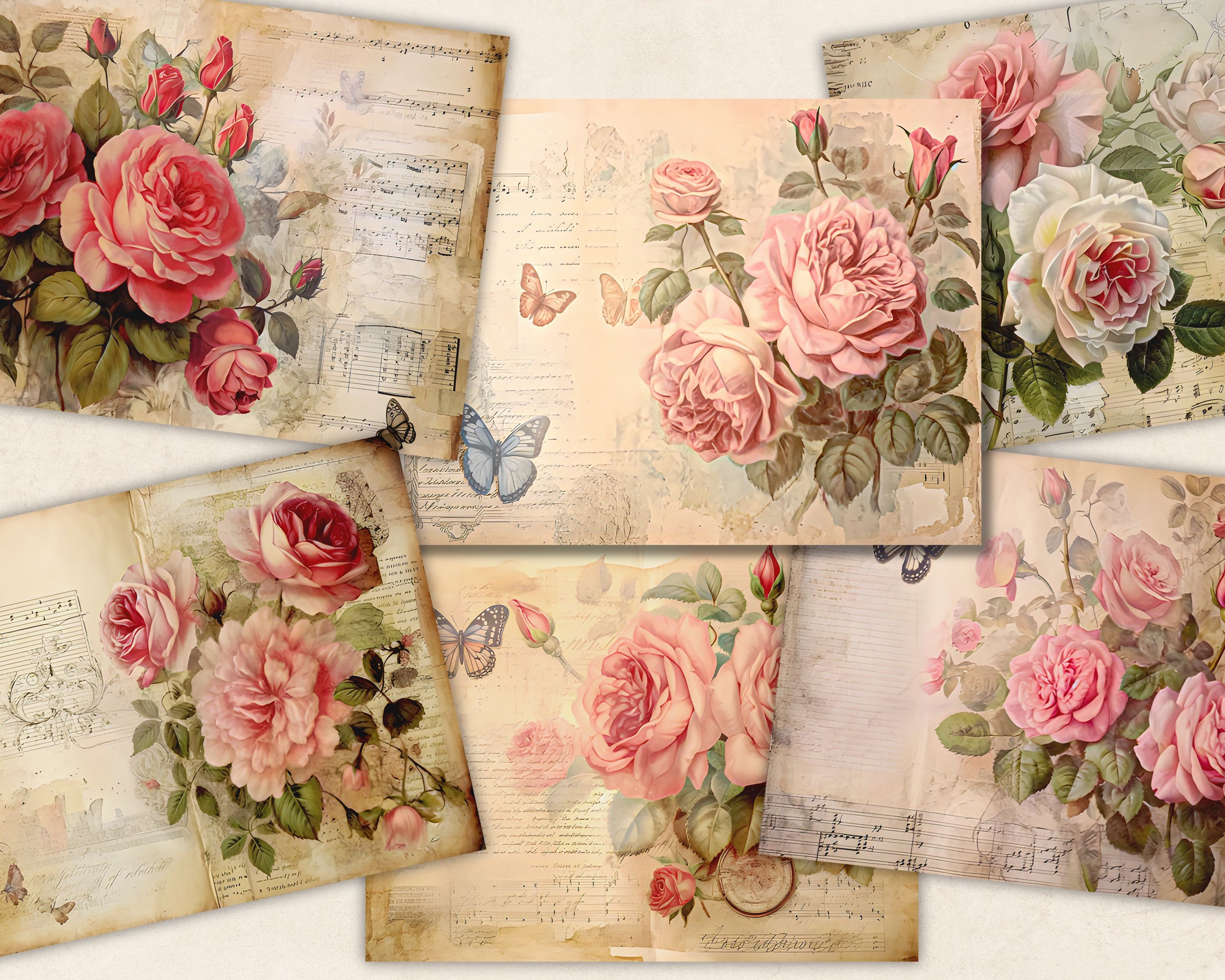 Roses Junk Journal Paper Kit, Vintage Floral Printable Ephemera, Old ...