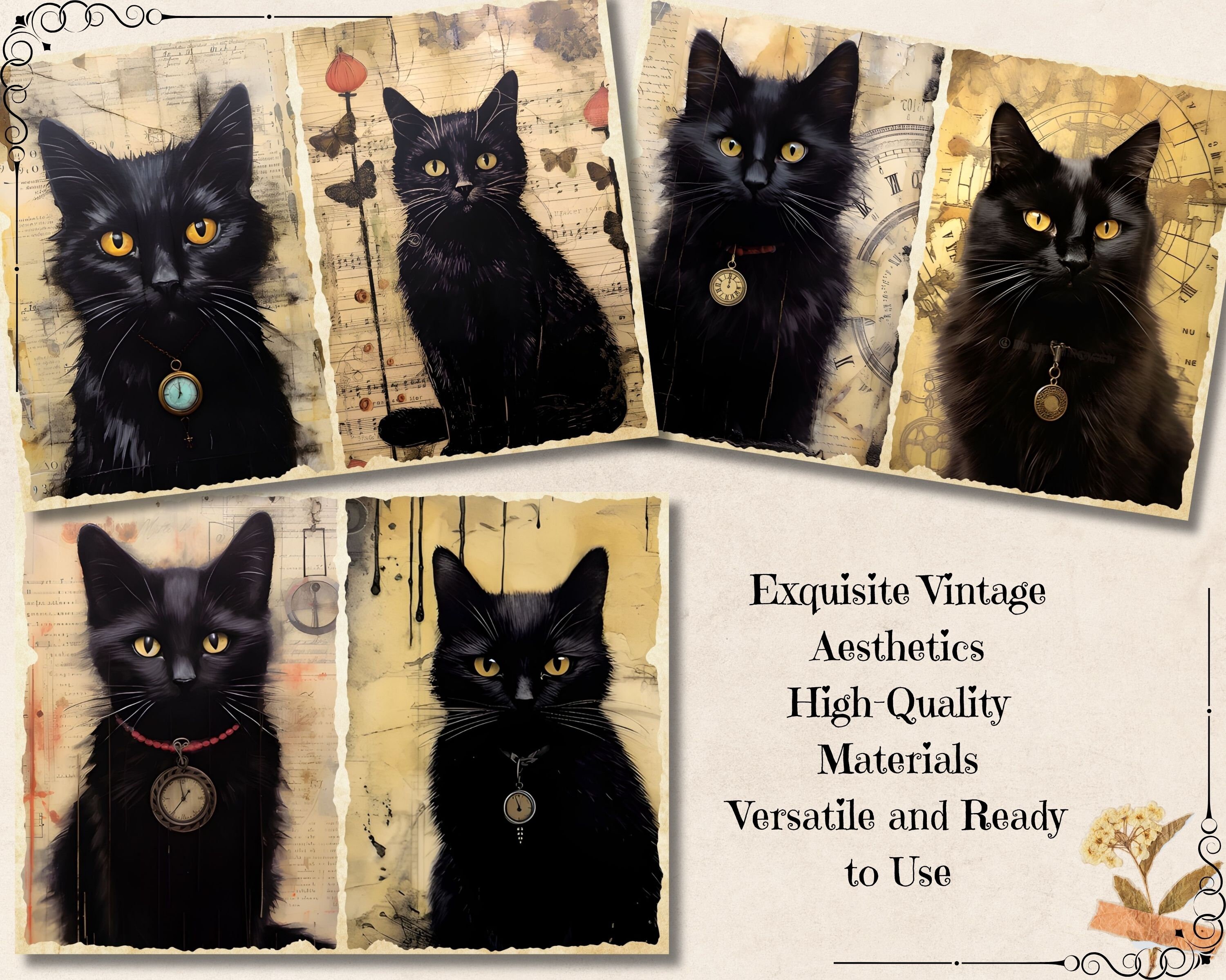 Black Cat Junk Journal Pages, Kitten Printable Fussy Cut, Digital Mixed ...