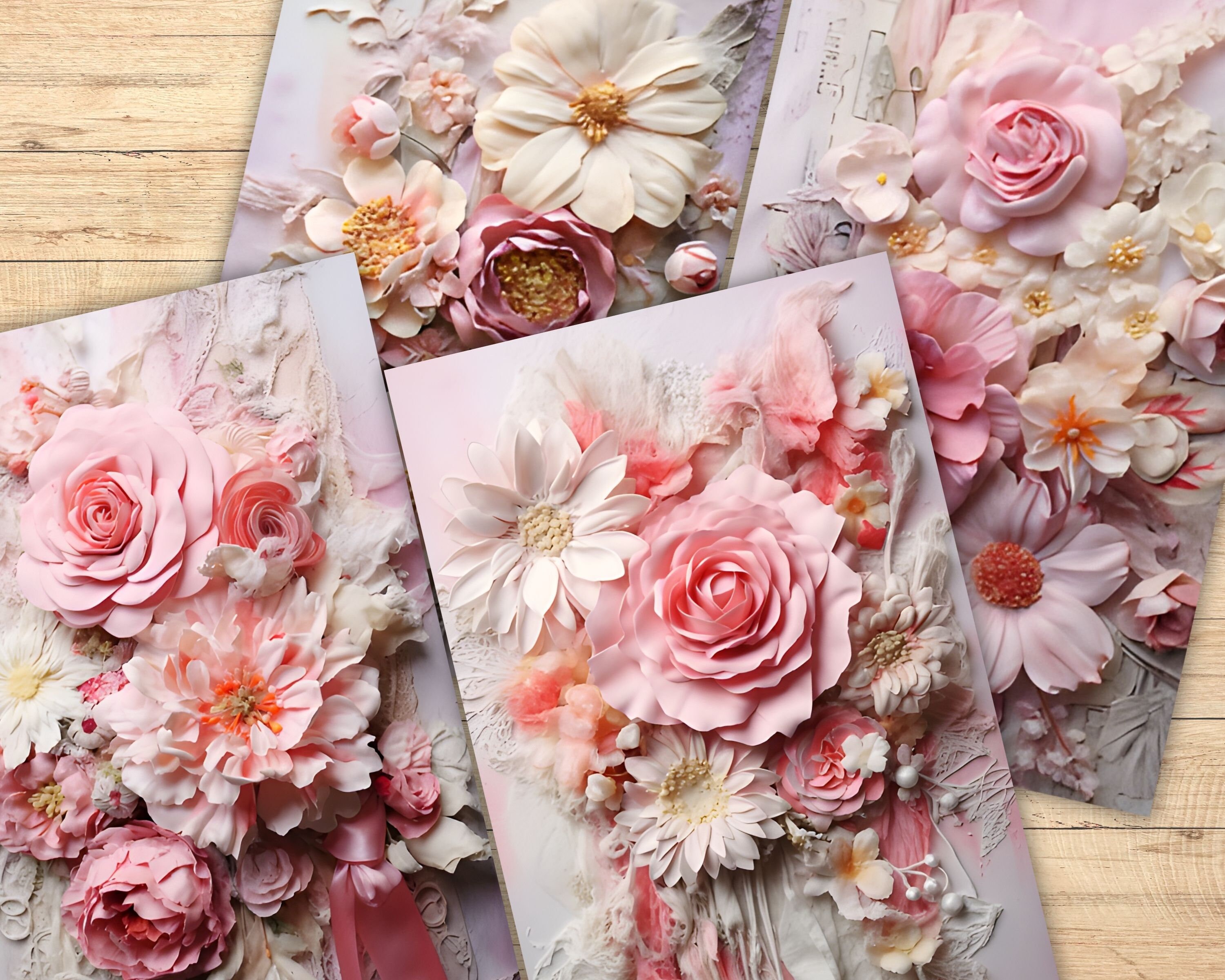 Romantic Floral Junk Journal Pages, Pink Flower Mixed Media, Printable ...