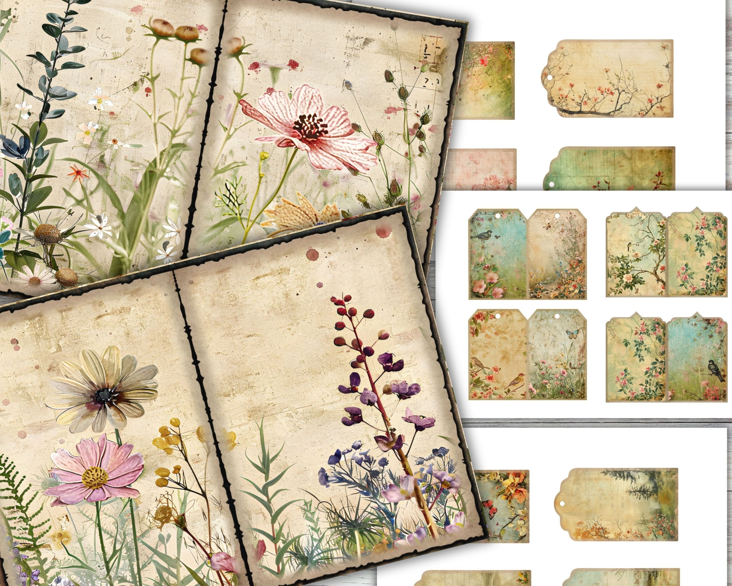 Spring Junk Journal Kit, Watercolor Floral Paper, Vintage Birds Flower ...