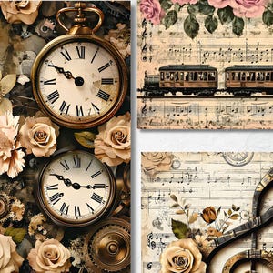Vintage Clock Scrapbook Paper, Aged Time Printable Ephemera, Old Music ...