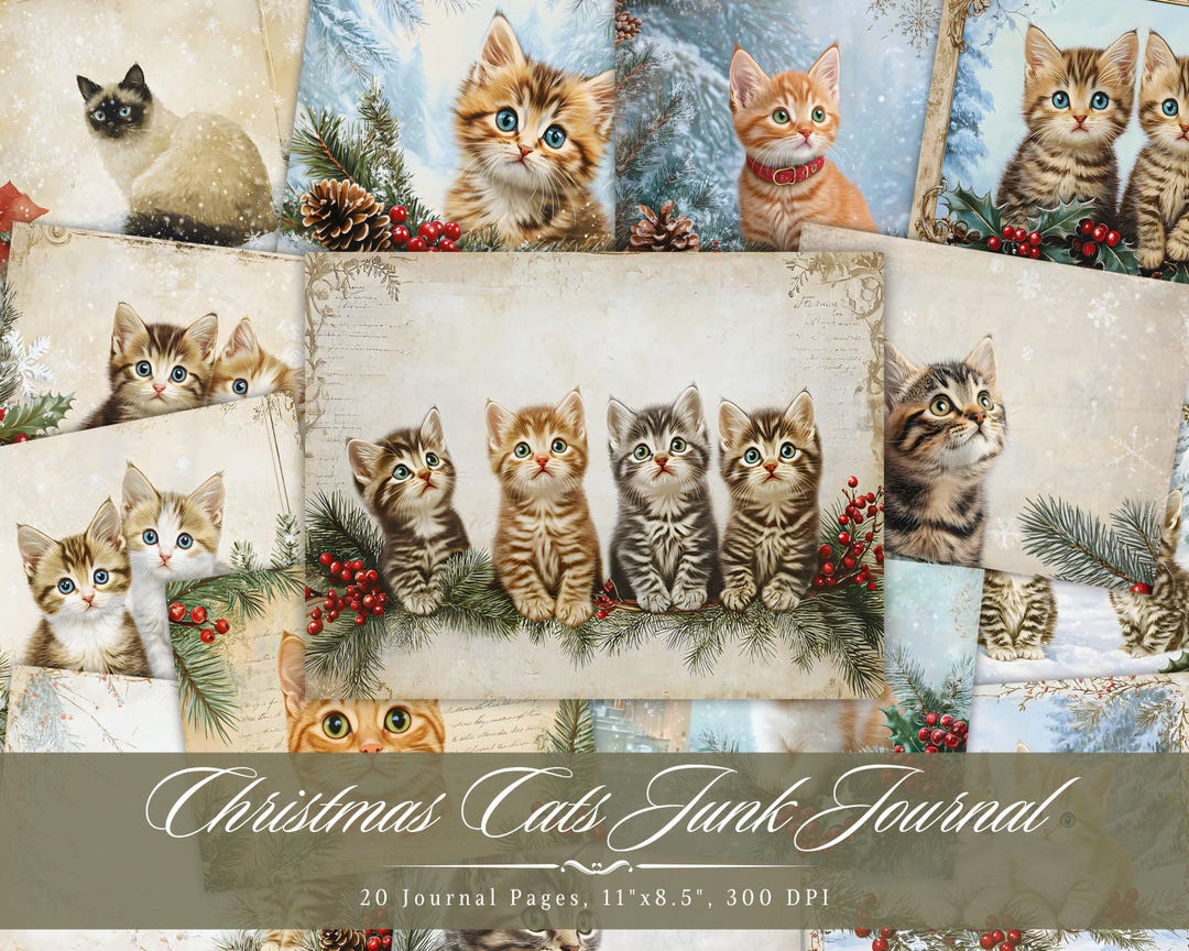 Christmas Cats Junk Journal Page, Winter Cute Kitten Printable Ephemera ...