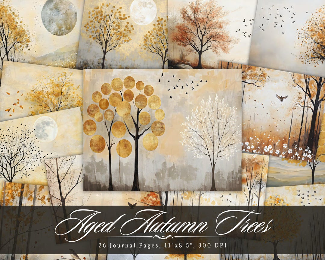 Aged Autumn Trees Junk Journal, Vintage Fall Season Printable Ephemera ...