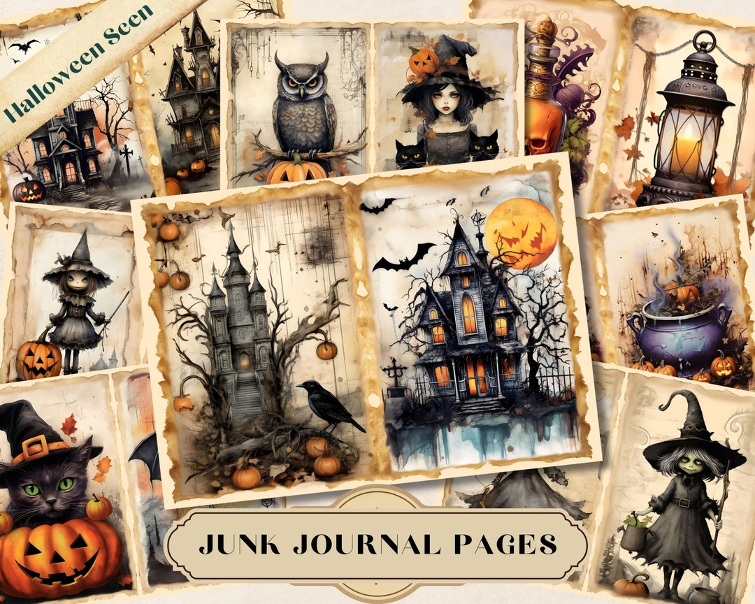Spooky Halloween Junk Journal Pages - Halloween Scene, Mixed Media ...