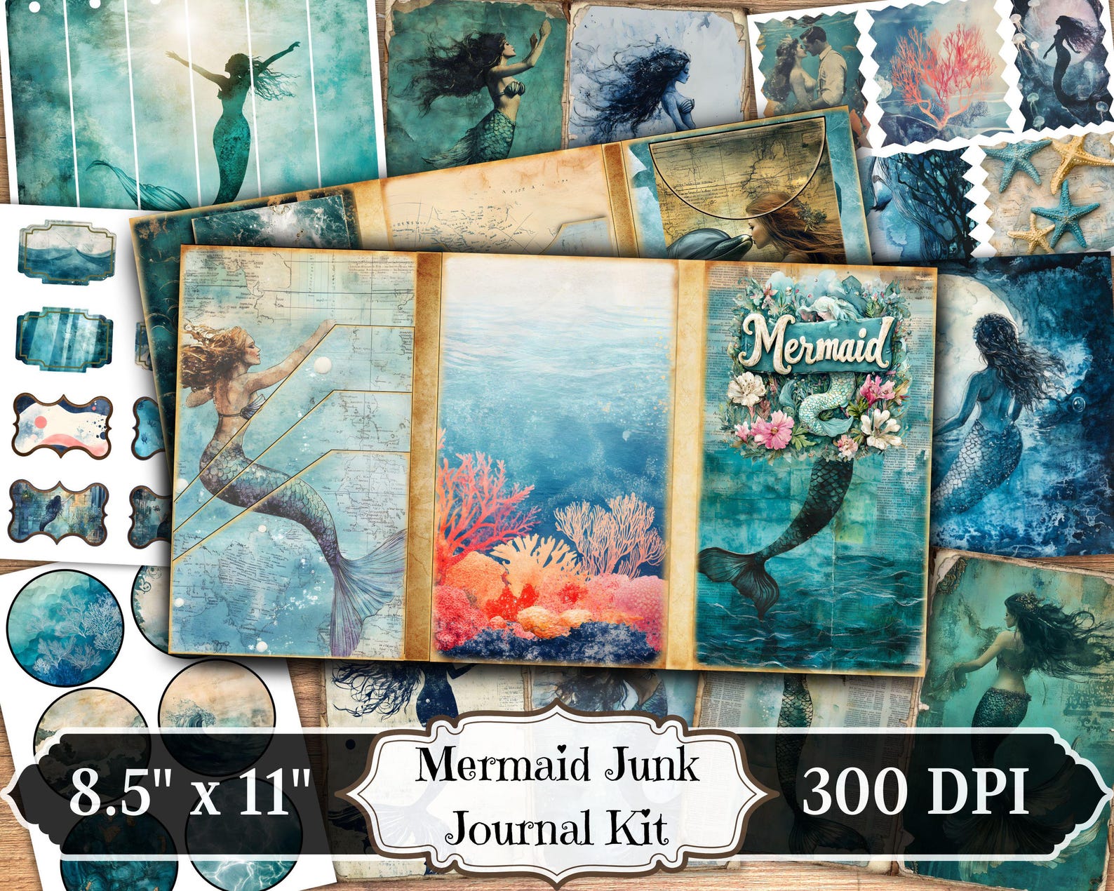 Mermaid Junk Journal Kit Paper, Underwater Printable Ephemera, Ocean ...
